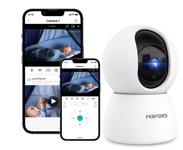 FEBFOXS Baby Monitor Security Camera, WiFi Indoor Camera, 360-Degree ...