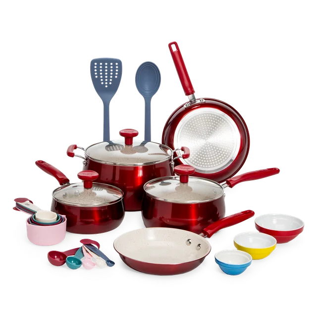 Tasty Clean Ceramic 23 Piece Non-Stick Aluminum Cookware Set, Red ...