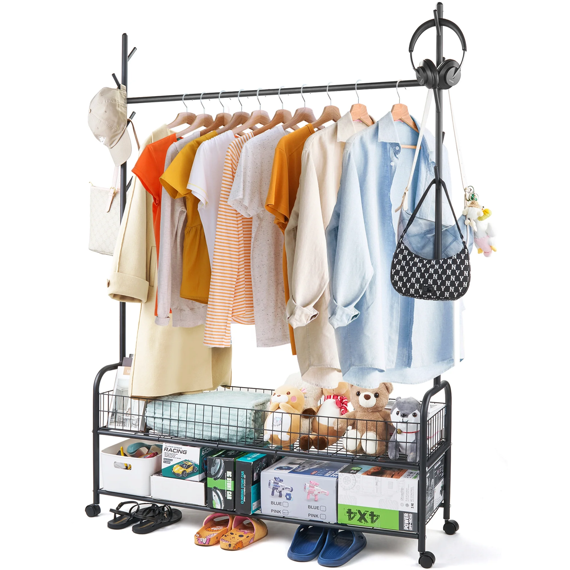 MONVANE Clothes Rack with Wheels, Portable Clothing Rack with 2 Lower ...